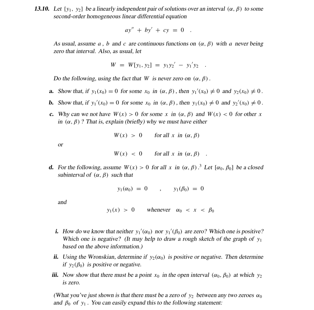 Solved 13.10. Let tyi, y2) be a linearly independent pair of | Chegg.com