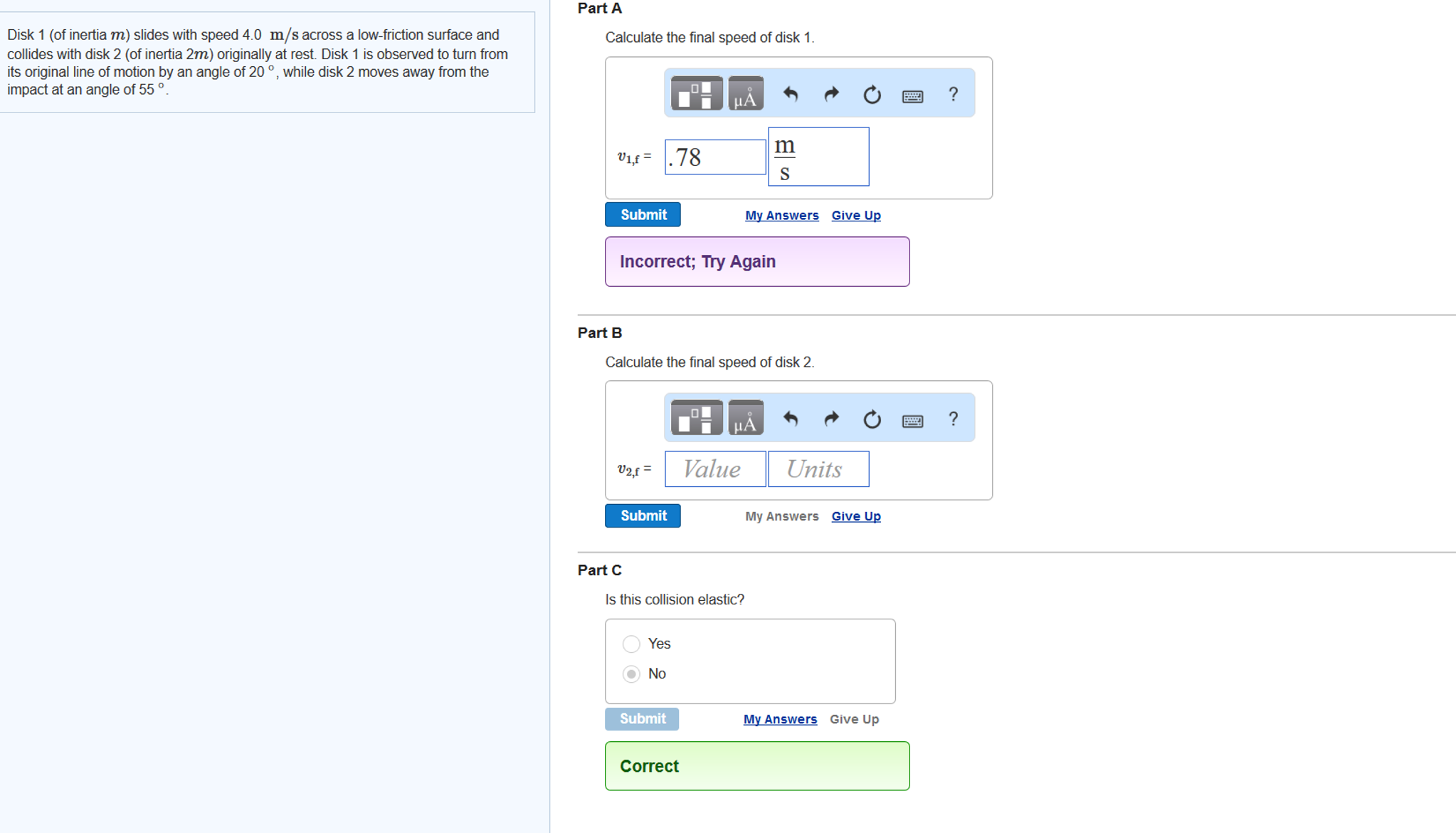 Solved Disk 1 (of inertia m) slides with speed 4.0 m/s | Chegg.com