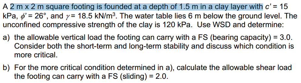 A 2 m x 2 m square footing is founded at a depth of | Chegg.com