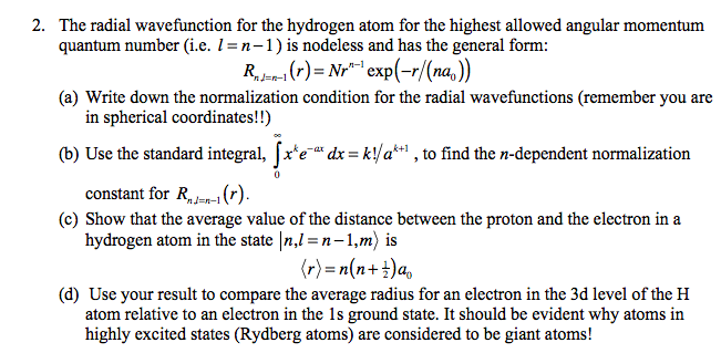 Solved 2 The Radial Wavefunction For The Hydrogen Atom For 