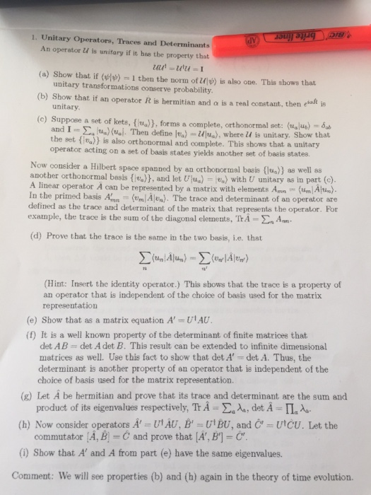 Solved An operator U is unitary, if it, has the property | Chegg.com