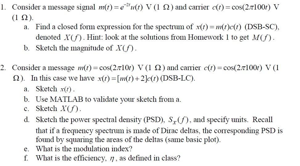Solved Consider a message signal m(t) = e-2tu(t) V (1 Ohm) | Chegg.com