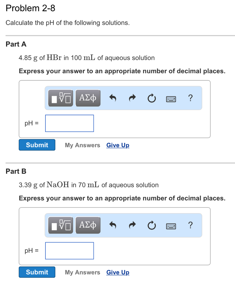 Solved Problem 2-8 Calculate the pH of the following | Chegg.com