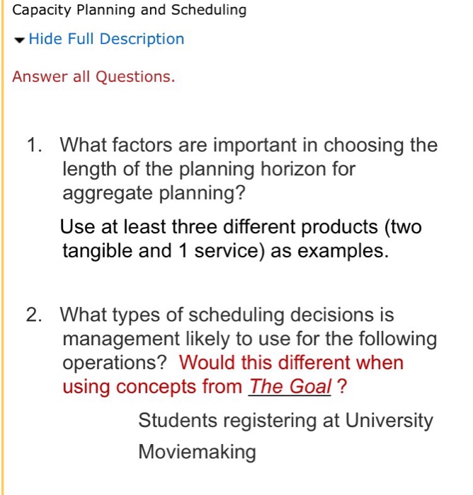 Solved Capacity Planning and Scheduling ? Hide Full | Chegg.com