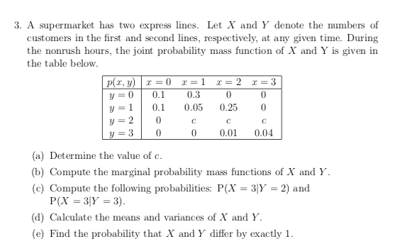 Solved 3. A supermarket has two express lines. Let X and Y | Chegg.com
