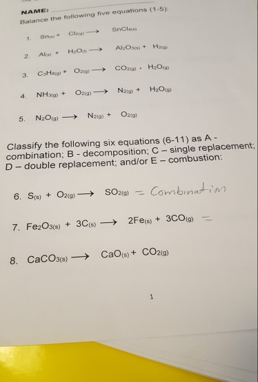 Solved NAME Balance the following five equations (1-5) | Chegg.com