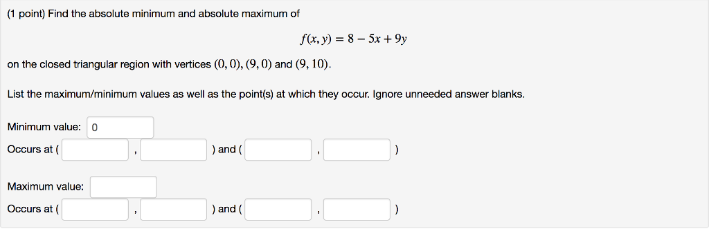Solved (1 point) Find the absolute minimum and absolute | Chegg.com