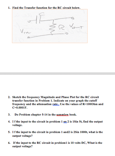 Solved 1. Find the Transfer function for the RC circuit | Chegg.com