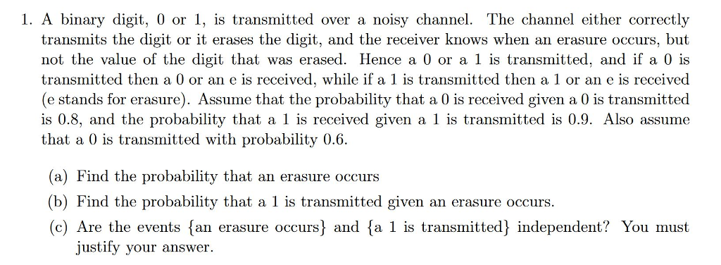 Solved A binary digit, 0 or 1, is transmitted over a noisy | Chegg.com