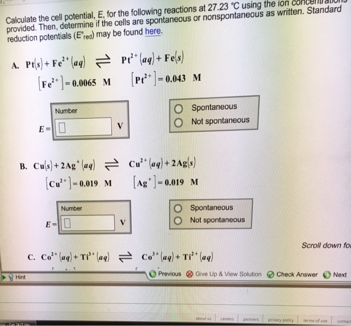 Solved Calculate The Cell Potential E For The Following