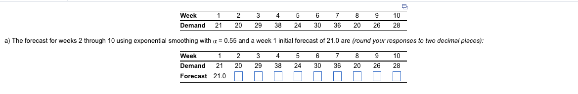 Solved The forecast for weeks 2 through 10 using | Chegg.com