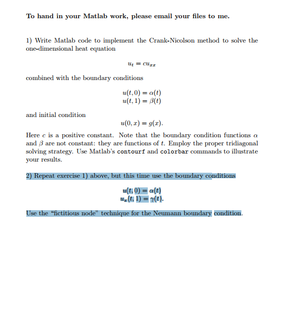 Solved To hand in your Matlab work, please email your files | Chegg.com