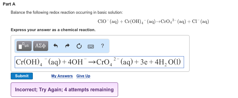 Solved Part A Balance the following redox reaction occurring | Chegg.com