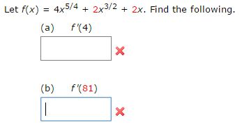 Solved Let f(x) = 4x^5/4 + 2x^3/2 + 2x. Find the following. | Chegg.com
