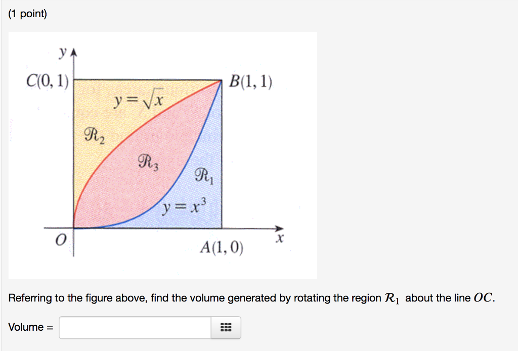 Solved (1 point) Find the volume of the solid obtained by | Chegg.com
