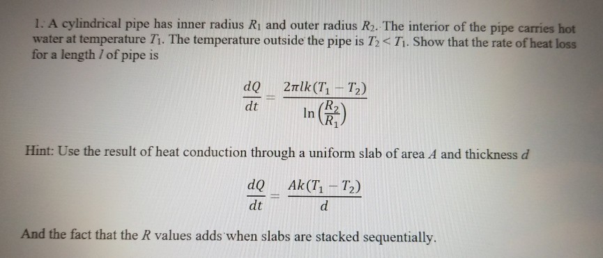 Solved 1. A cylindrical pipe has inner radius Ri and outer | Chegg.com