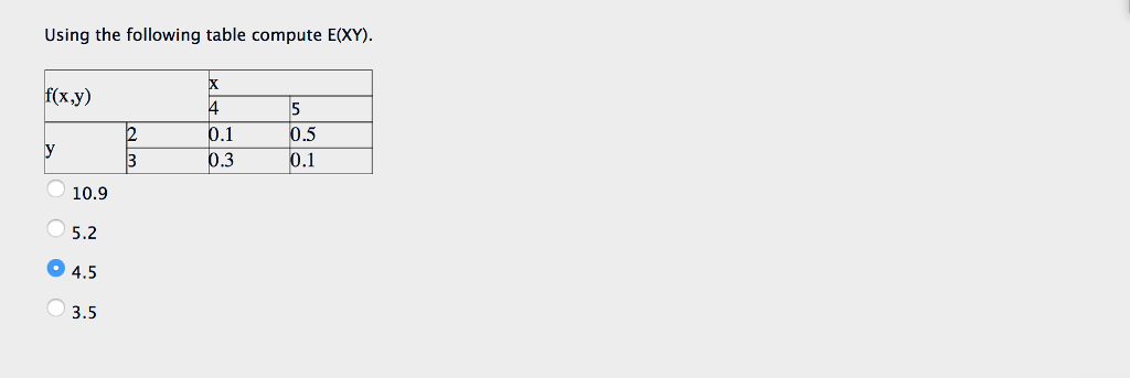 Solved Using the following table compute E(XY) f(x.y) 0.1 | Chegg.com