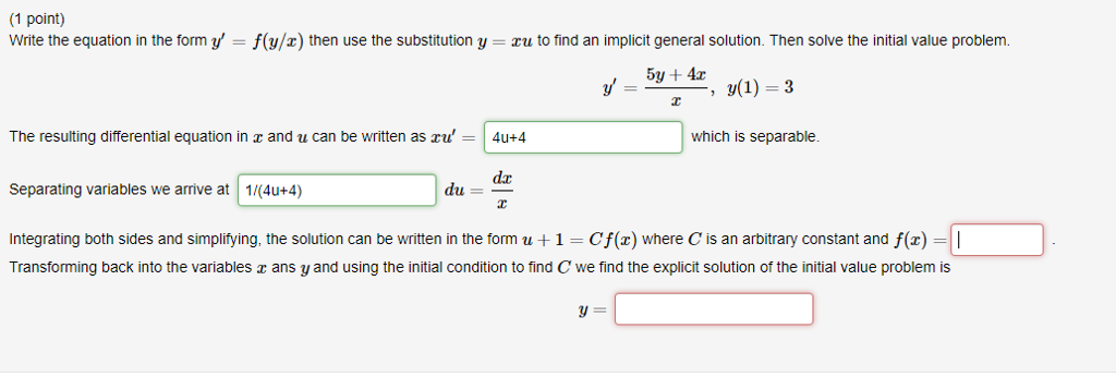 Solved 1 point) Write the equation in the form y f(y/x) then | Chegg.com