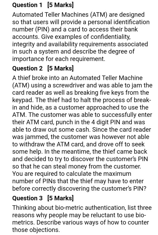 Solved Question 1 [5 Marks] Automated Teller Machines (ATM) | Chegg.com