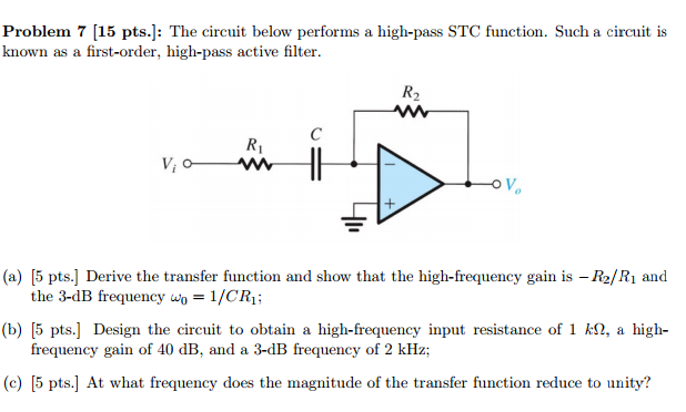Solved The circuit below performs a high-pass STC function. | Chegg.com