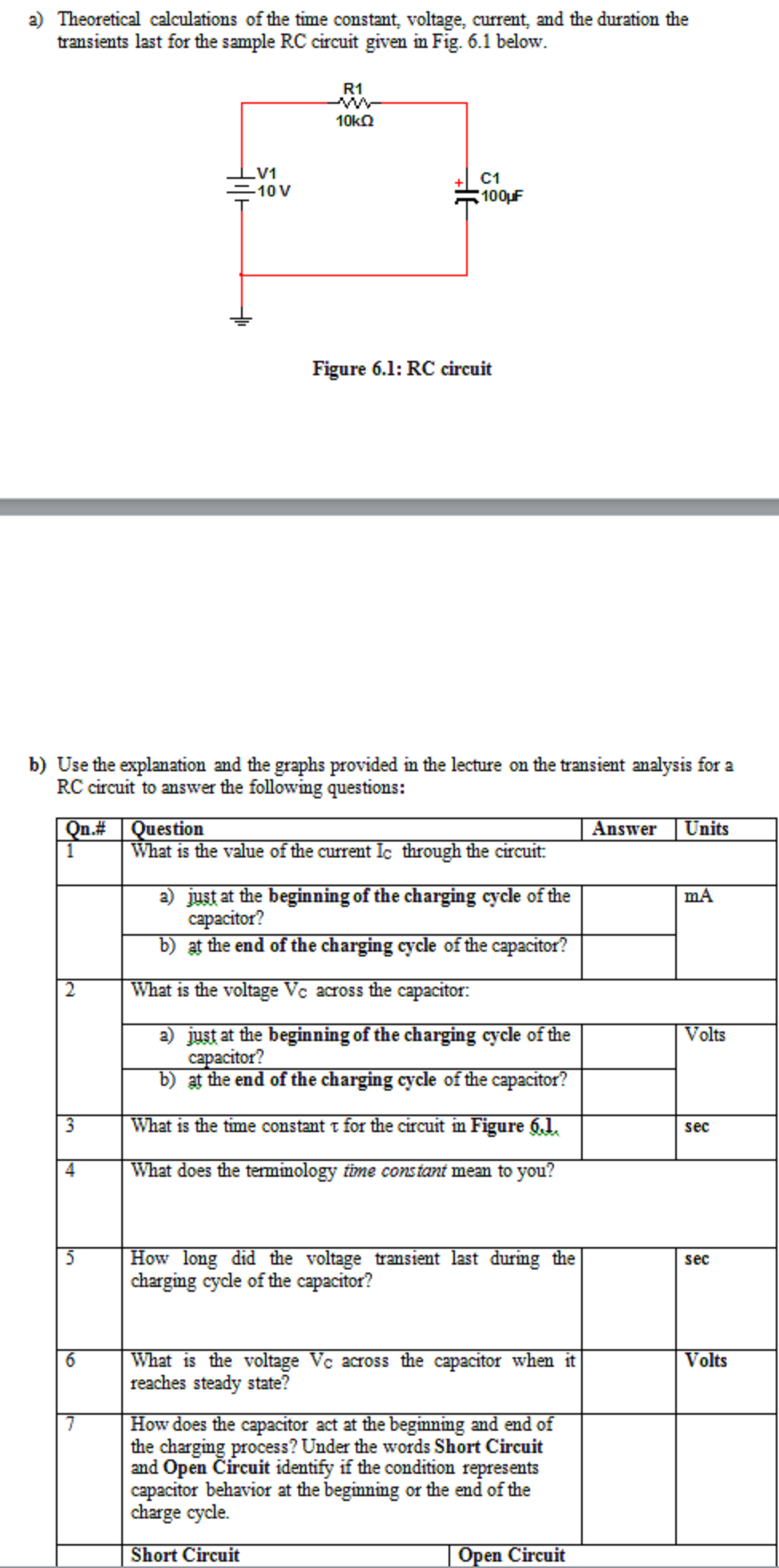 Solved a) Theoretical calculations of the time constant, | Chegg.com
