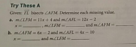 Solved FL bisects AFM. Determine each missing value. a. m | Chegg.com
