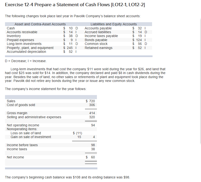 Solved Exercise 12-4 Prepare a Statement of Cash Flows | Chegg.com