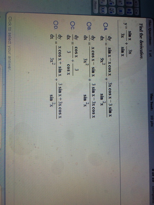 Solved Find the derivative y = sinx/3x+3x/sinx A. | Chegg.com