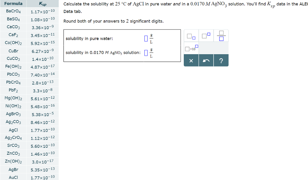 Solved Calculate the solubility at 25 °C of AgCl in pure | Chegg.com