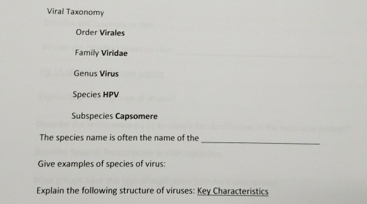 Solved Viral Taxonomy Order Virales Family Viridae Genus | Chegg.com
