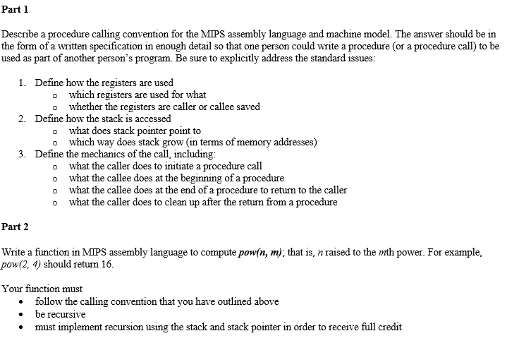 Part 1 Describe a procedure calling convention for | Chegg.com
