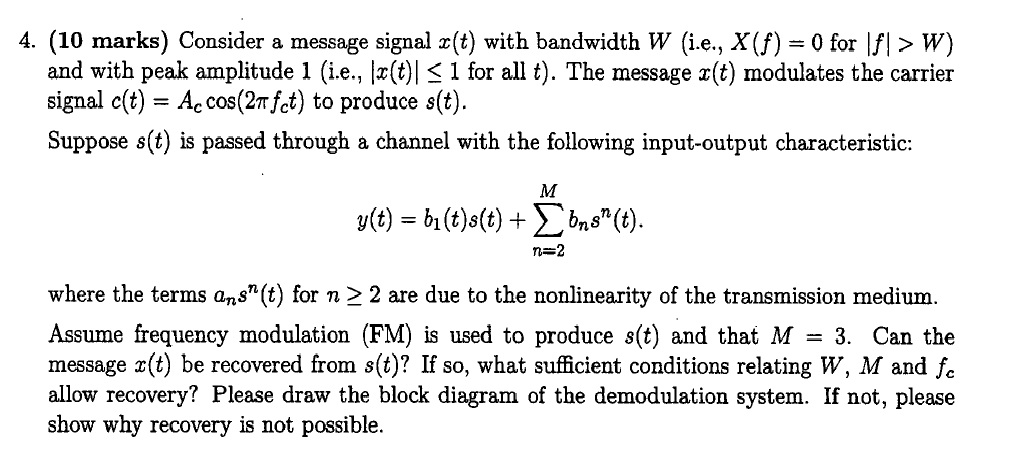 Consider a message signal x(t) with bandwidth W | Chegg.com