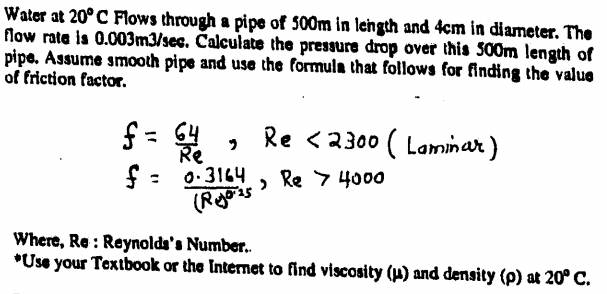 Solved Water at 20°c Flows through a pipe of 500m in length | Chegg.com
