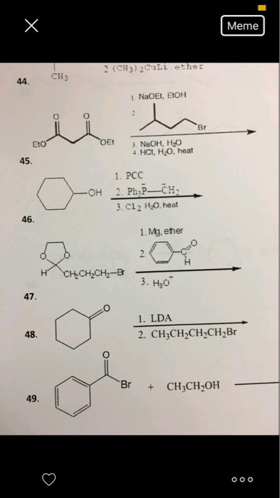 Solved Meme 2 (CH3) 20 ether CH3 44. 1, NaOEt, EtOH Et 3. | Chegg.com
