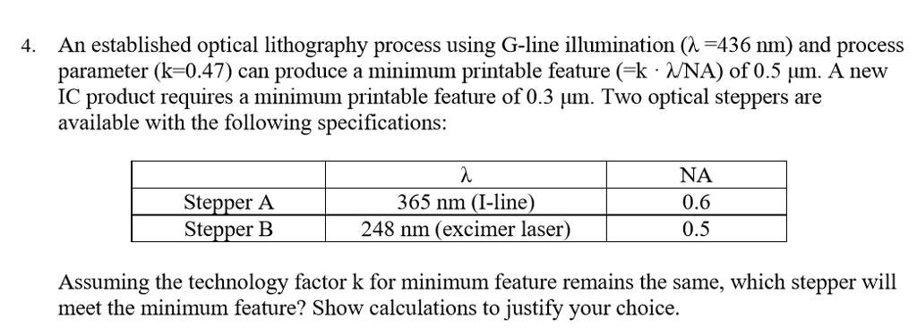 Solved An established optical lithography process using | Chegg.com