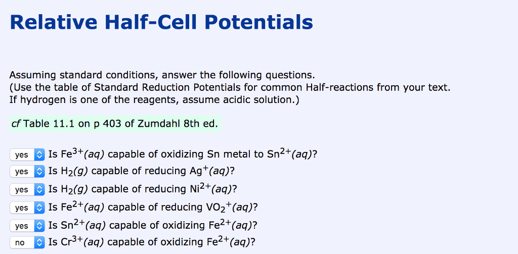 Solved Relative Half-Cell Potentials Assuming standard | Chegg.com
