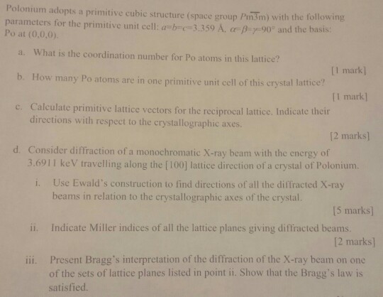 Solved Polonium adopts a primitive cubic structure (space | Chegg.com