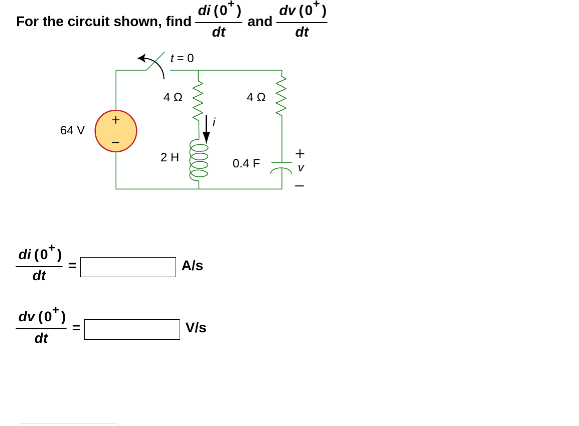 Solved For the circuit shown, find di(0^+)/dt and dv(0^+)/dt | Chegg.com