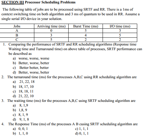 Solved SECTION III Processor Scheduling Problems The | Chegg.com