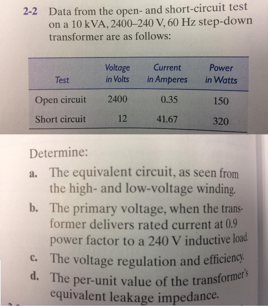 Solved Data from the open- and short-circuit test on a 10 | Chegg.com