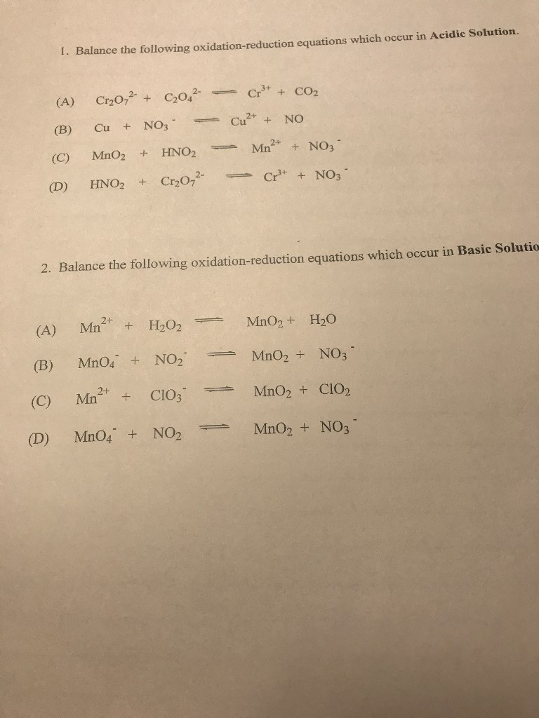 Solved I. Balance the following oxidation-reduction | Chegg.com