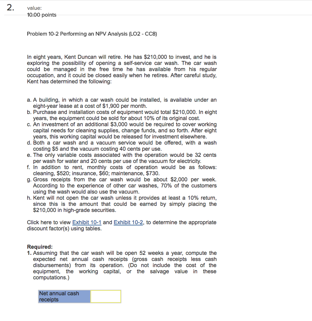 Solved Value 10.00 points Problem 10-2 Performing an NPV | Chegg.com