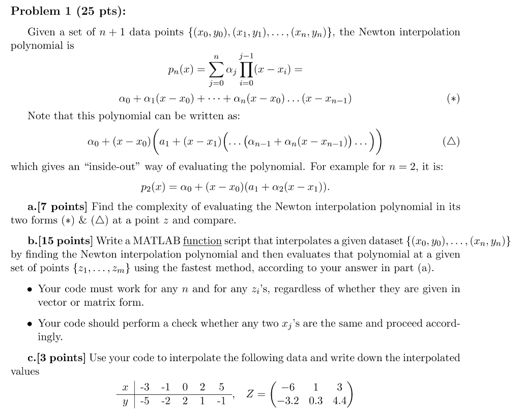 Solved Problem 1 (25 pts): Given a set of n +1 data points | Chegg.com