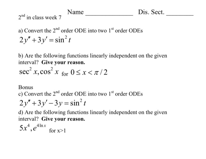 Solved 2nd in class week 7 Convert the 2^nd order ODE into | Chegg.com