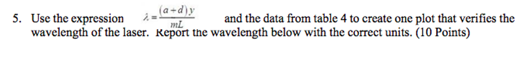 Solved Use the expression lambda = (a + d)y/mL and the data | Chegg.com
