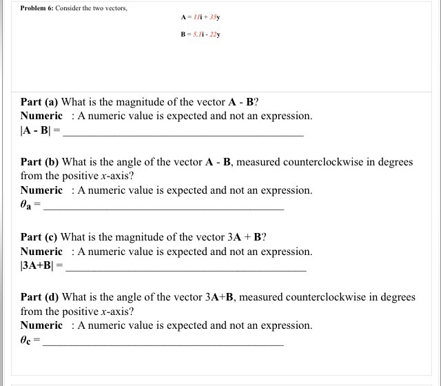 Solved What is the magnitude of the vector A - B? Numeric : | Chegg.com