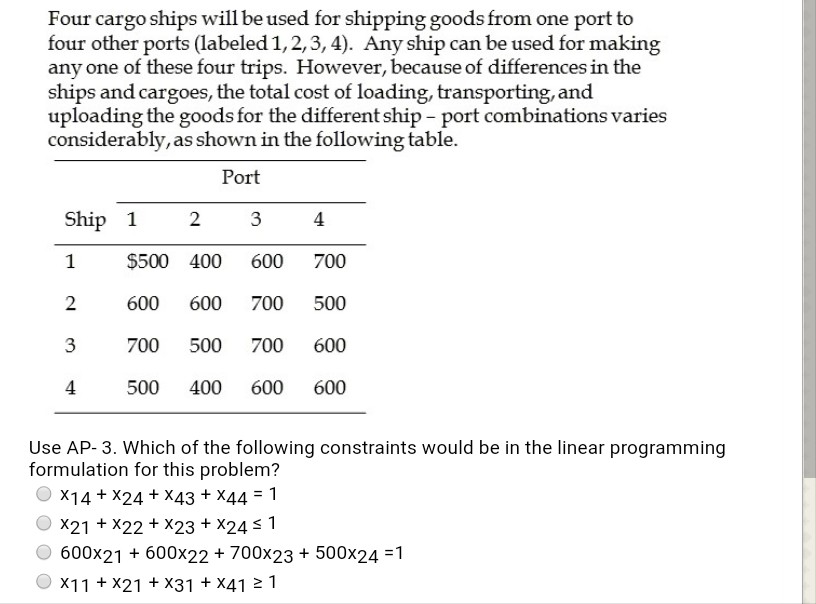 Solved Four cargo ships will be used for shipping goods from | Chegg.com