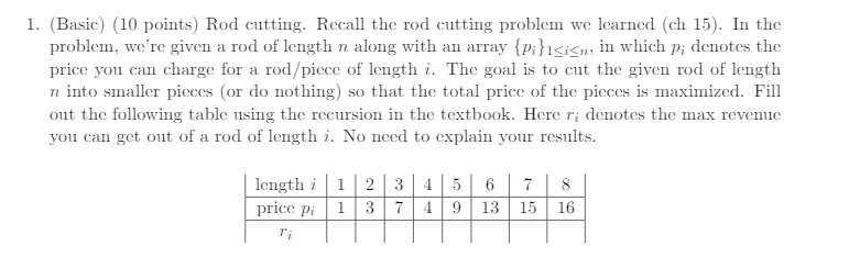 Solved 1. Basic (10 points) Rod cutting. Recall the rod | Chegg.com