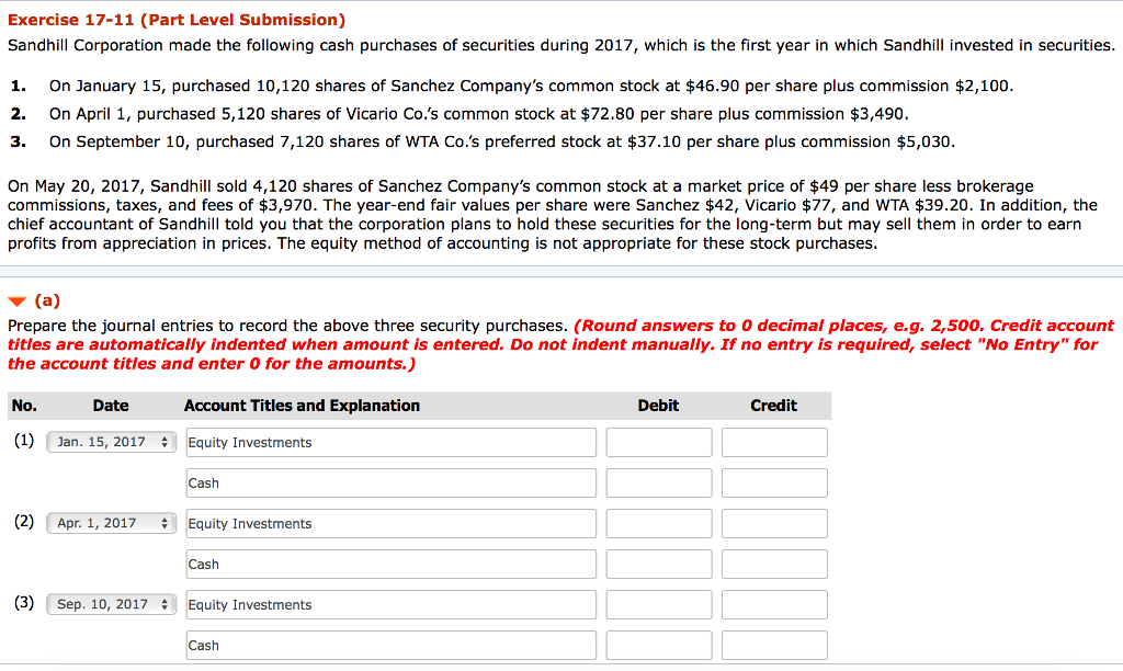 Solved Exercise 17-11 (Part Level Submission) Sandhill | Chegg.com