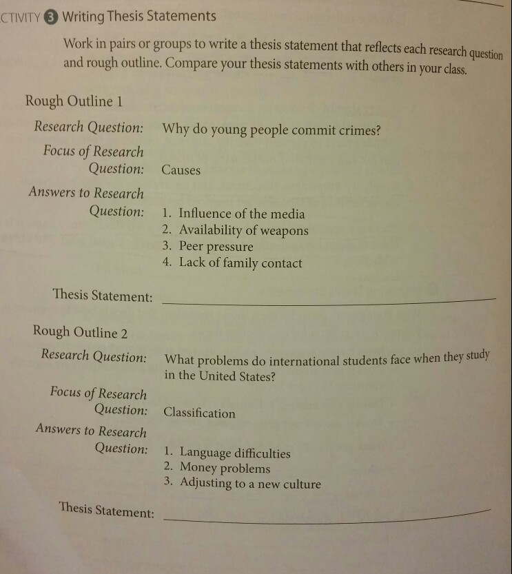 Work in pairs or groups to write a thesis statement | Chegg.com